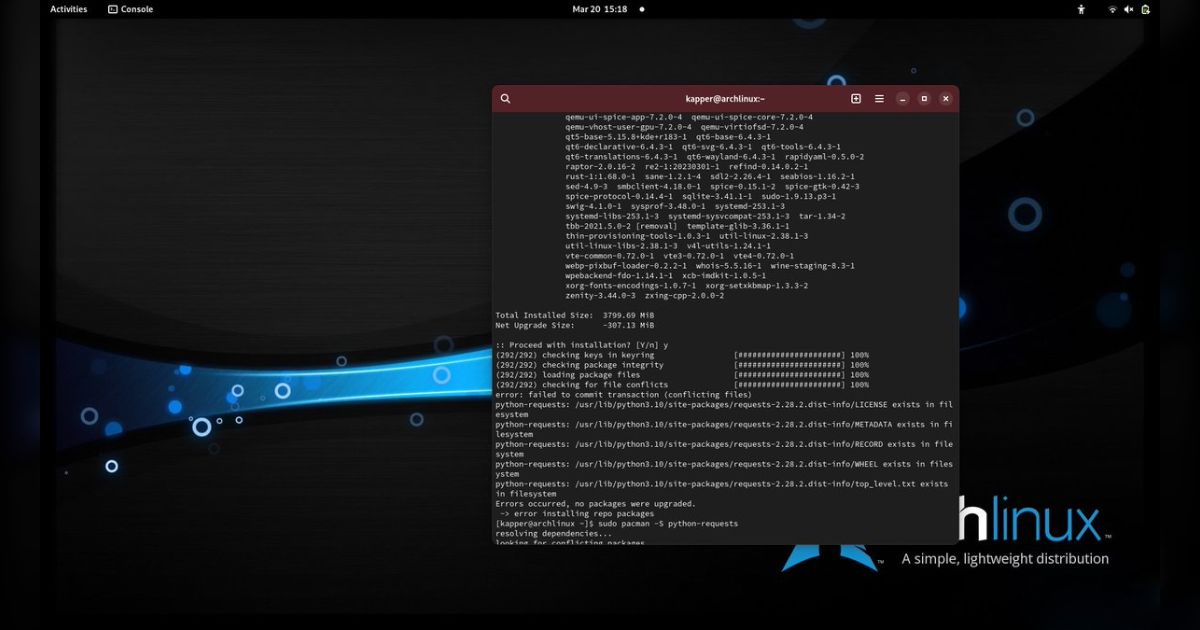 ArchLinuxのアップデートエラー python-requests対策 sudo pacman -S --overwrite \* python-requestsコマンド対策完了 ...