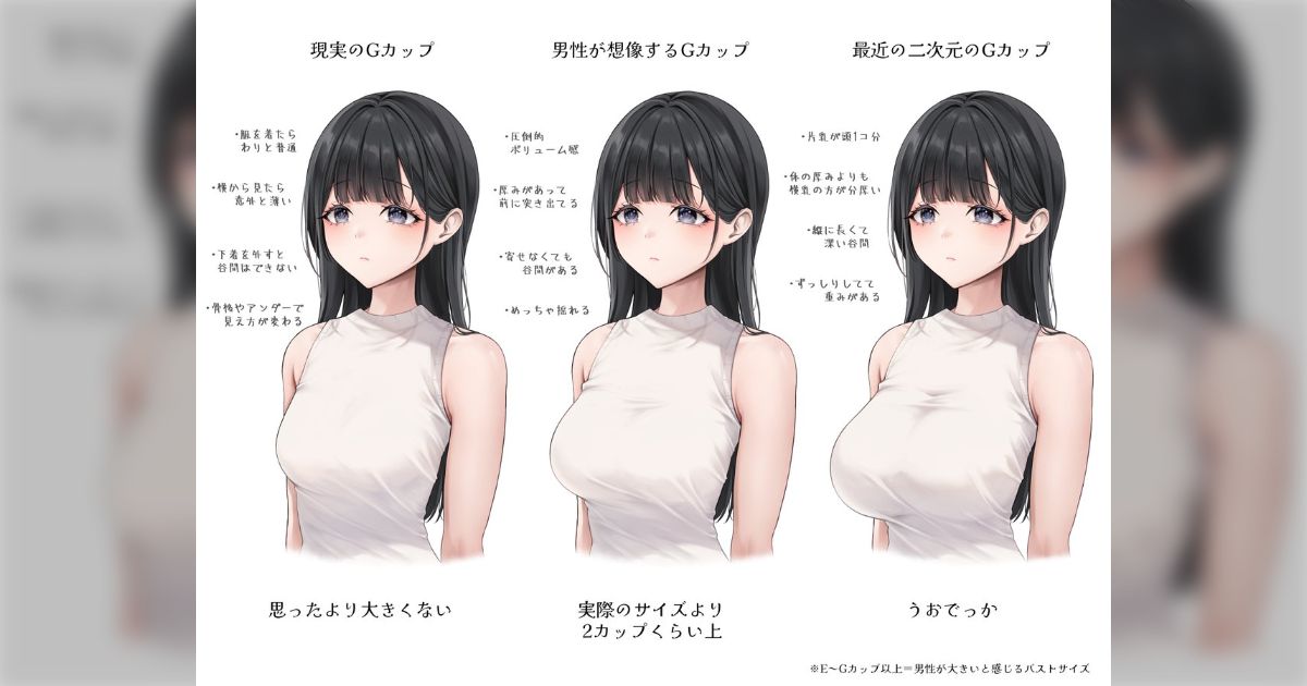 [B! togetter] 「Gカップの理想と現実」を描いた比較イラストに“現実のGで十分”と感じる人が続々いた話…だが二次元はロマン