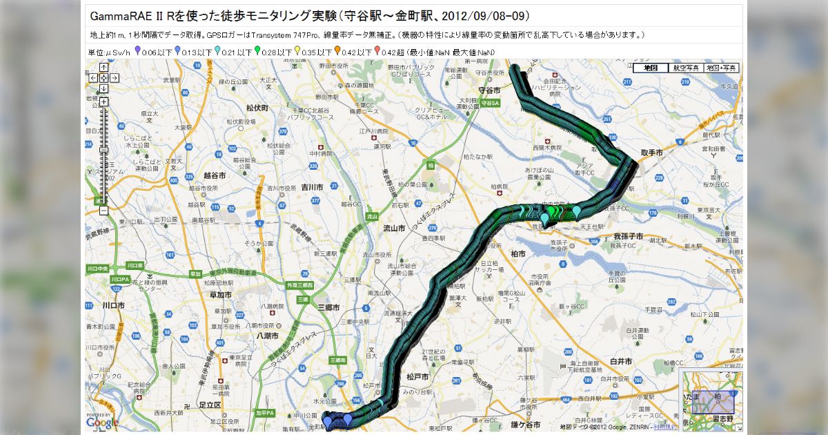 GammaRAE II Rを使った徒歩モニタリング実験（2011/12～、千葉県北西部とその周辺編） - posfie