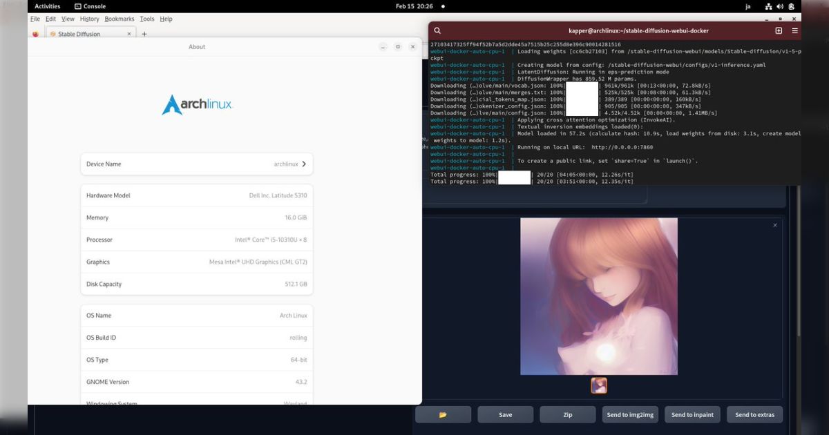 今更ながらOS無しジャンク25,800円ノートPCとArch LinuxとDockerとStableDiffusionと呪文で美少女画像をAIで4分5秒で自動生成してみた。CPUでも簡単、高速 ...