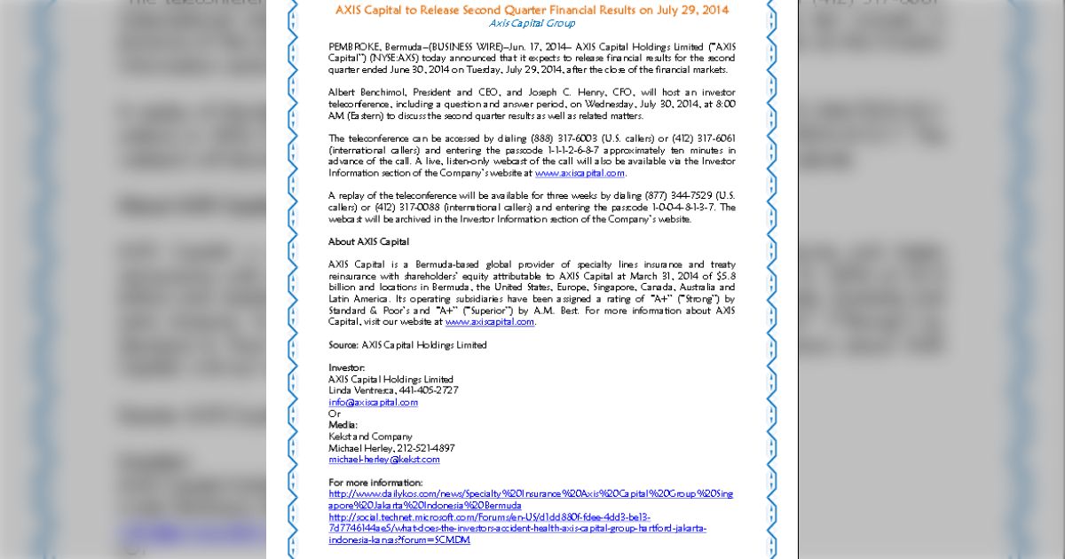 AXIS Capital to Release Second Quarter Financial Results on July 29, 2014 - posfie